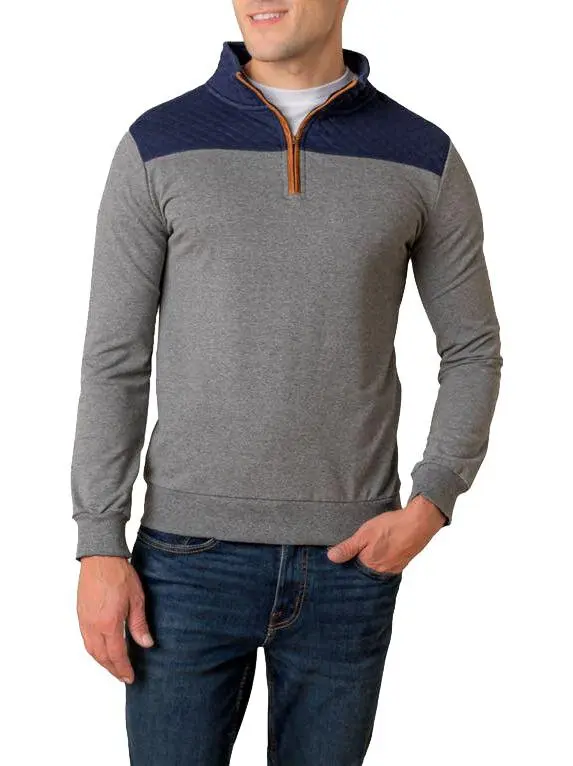 HOPE & HENRY Organic French Terry Half Zip Pullover With Quilted Yoke - Navy And Dark Gray Heather