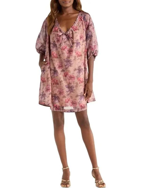 MELLODAY Bubble Sleeve Shift Dress - Pink Floral