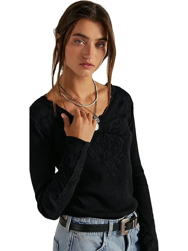 Free People Embroidered Long-sleeve Thermal Top - Black