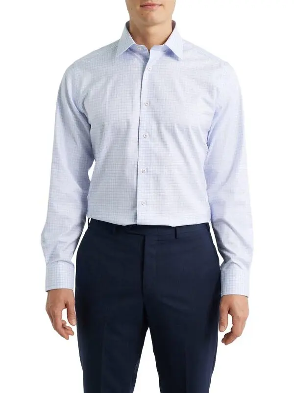 David Donahue Trim Fit Twill Check Dress Shirt - Sky/berry
