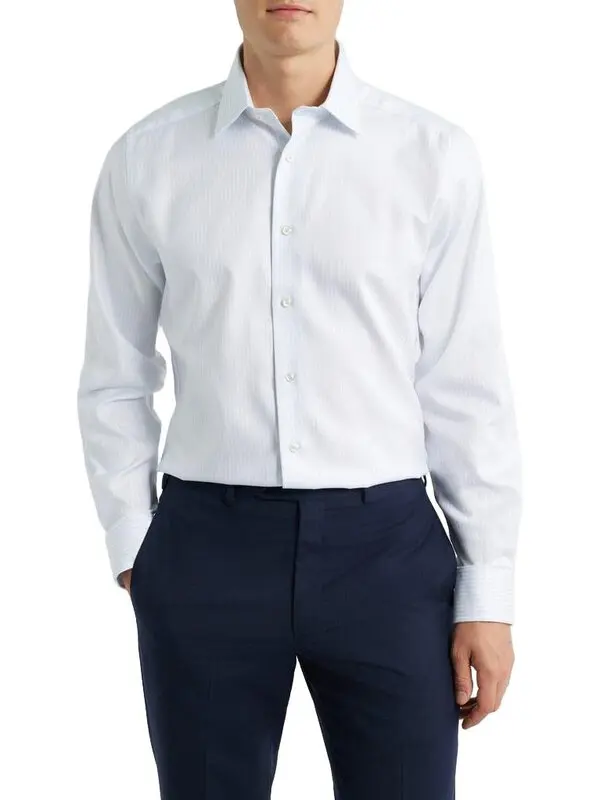 David Donahue Trim Fit Stripe Cotton Dress Shirt - White/sky