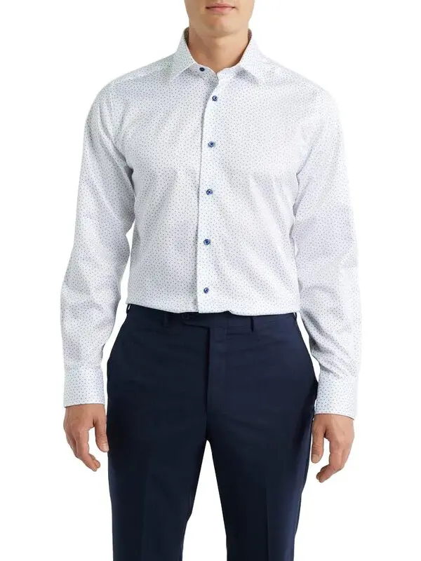 David Donahue Trim Fit Neat Print Cotton Dress Shirt - White/navy