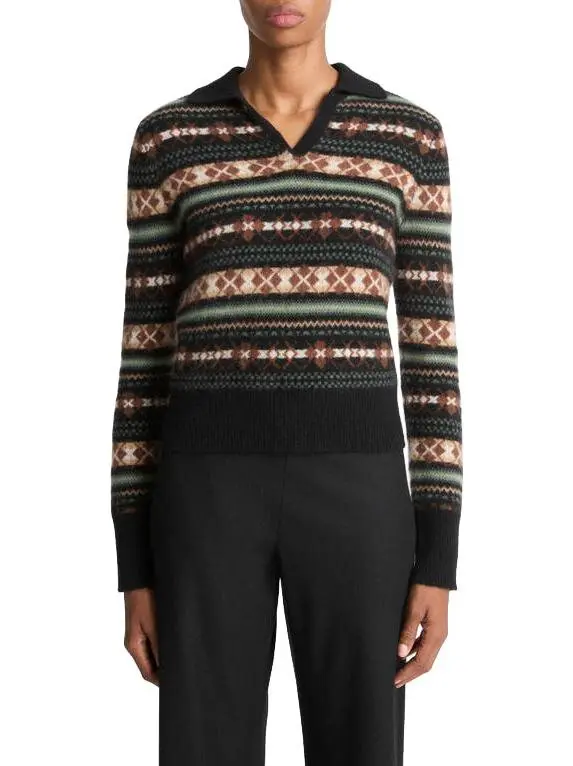 Vince Fair Isle Cashmere Polo Sweater - Cacao/malachite Comb
