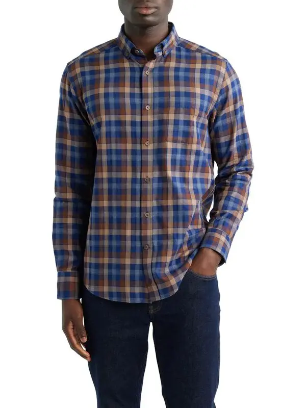 Johnston & Murphy Heather Plaid Button-down Shirt - Navy/brown Large Plaid