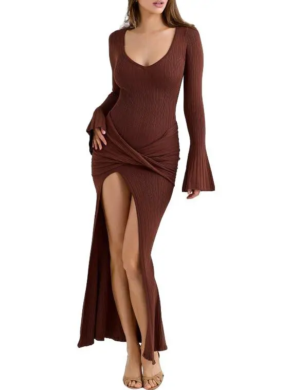 House Of Cb Khrysta Long Sleeve Ribbed Maxi Dress - Chocolate Brown