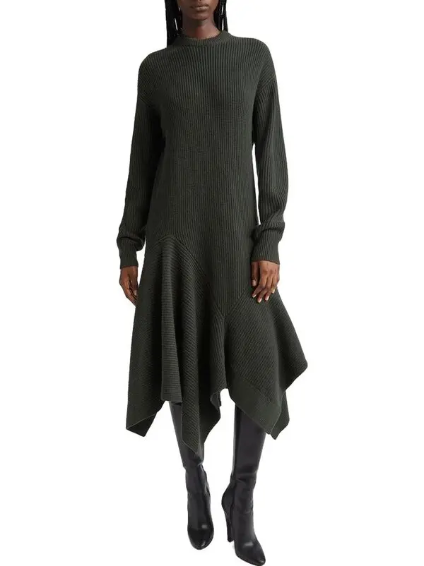 Michael Kors Handkerchief Hem Long Sleeve Cashmere Rib Sweater Dress - Bottle