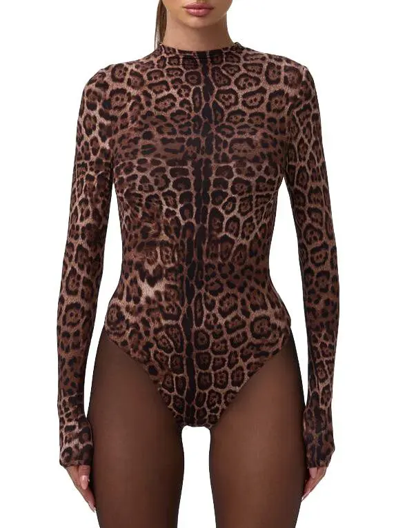 Naked Wardrobe Snakeskin Print Long Sleeve Bodysuit - Brown Leopard