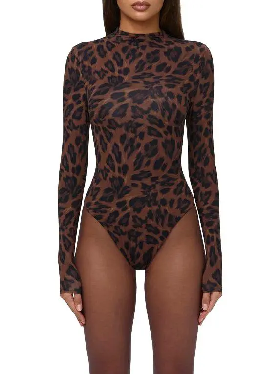 Naked Wardrobe Snakeskin Print Long Sleeve Bodysuit - Brushed Leopard