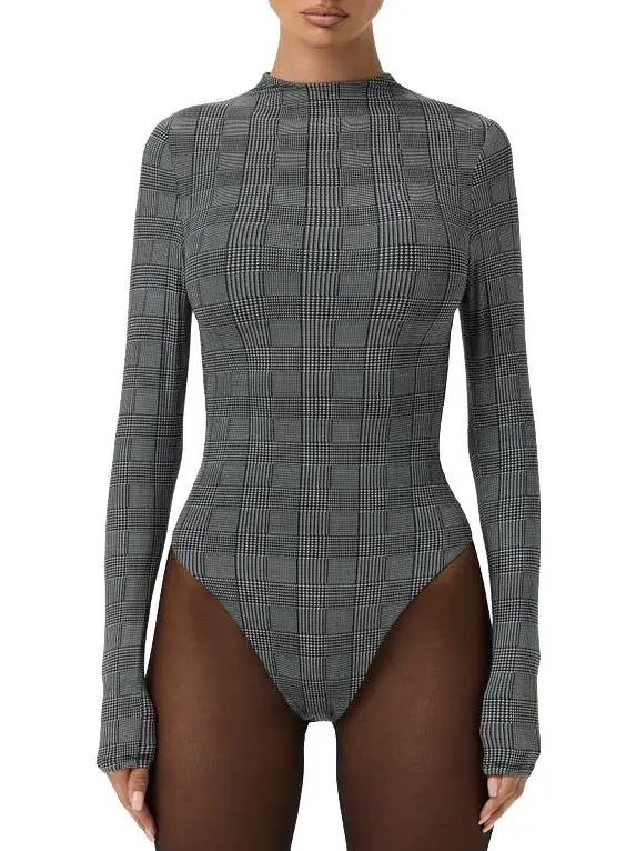 Naked Wardrobe Snakeskin Print Long Sleeve Bodysuit - Houndstooth Plaid