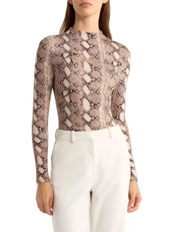 Naked Wardrobe Snakeskin Print Long Sleeve Bodysuit - Light Beige Snakeskin