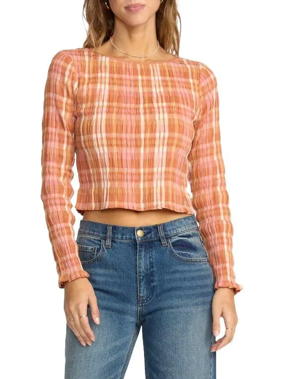 BILLABONG Plaid Smocked Crop Stretch Cotton Top - Sunburnt