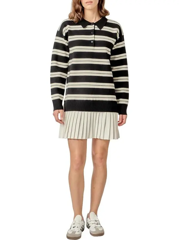 English Factory Stripe Mixed Media Long Sleeve Polo Dress - Black/cream