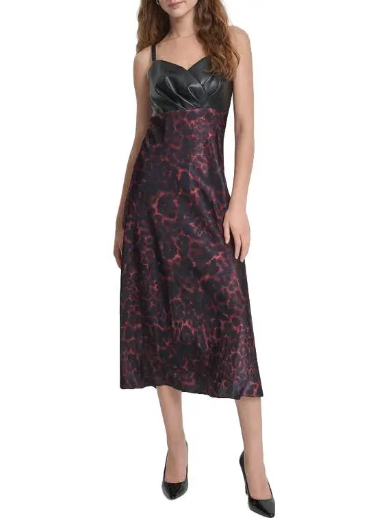 Dkny Faux Leather Mixed Media Midi Dress - Merlot Cheetah