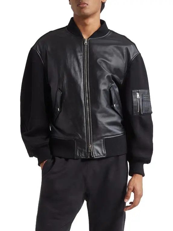 Givenchy Lambskin Leather Front Wool Bomber Jacket - Black