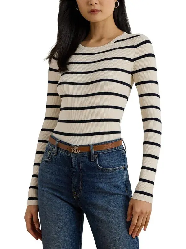 Ralph Lauren Striped Rib-knit Crewneck Sweater - Mascarpone Cream/lauren Navy