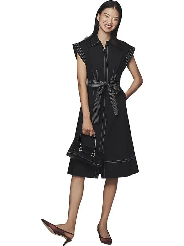 English Factory Short-sleeve Belted Midi Dress - Black
