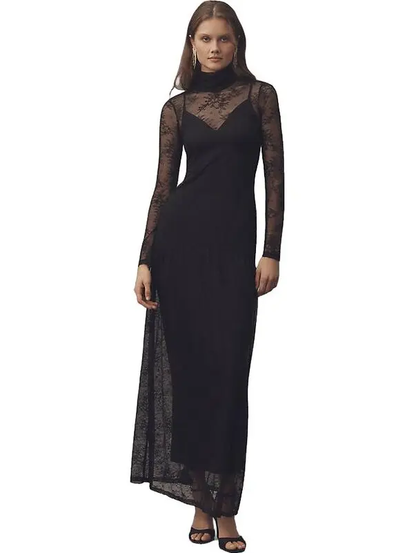 AFRM Amala High-neck Long-sleeve Lace Maxi Dress - Black