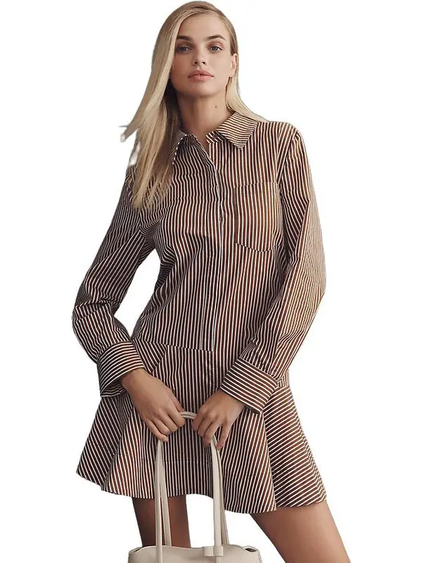 English Factory Long-sleeve Drop-waist Mini Shirt Dress - Brown Pattern