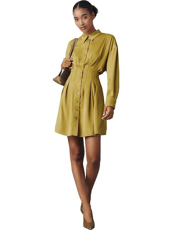 EXQUISE Tobie Long-sleeve Satin Mini Shirt Dress - Burnished Gold