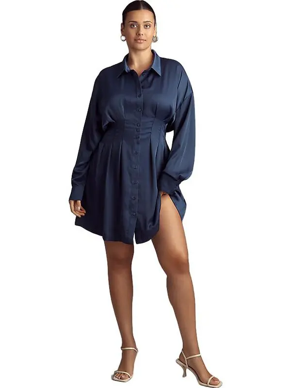 EXQUISE Tobie Long-sleeve Satin Mini Shirt Dress - Navy