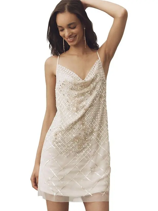 NOT SO SERIOUS Beaded Cowl-neck Mini Dress - Ivory