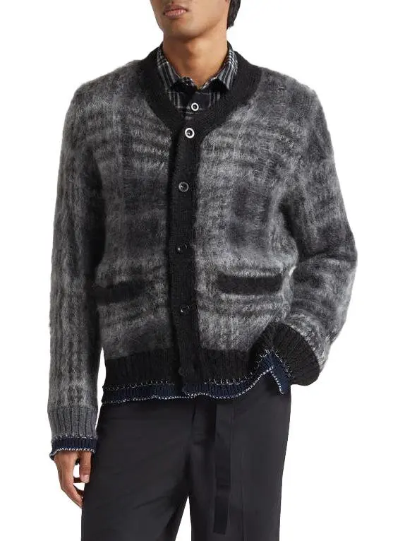 Sacai Plaid Distressed Mohair Blend Cardigan - Black