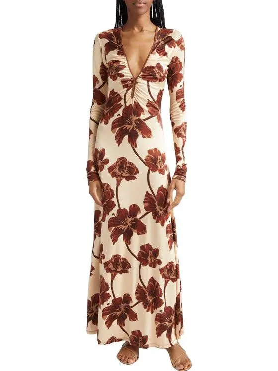 Johanna Ortiz Alma Bordada Floral Print Jersey Dress - Ecru/chocolate/mocca