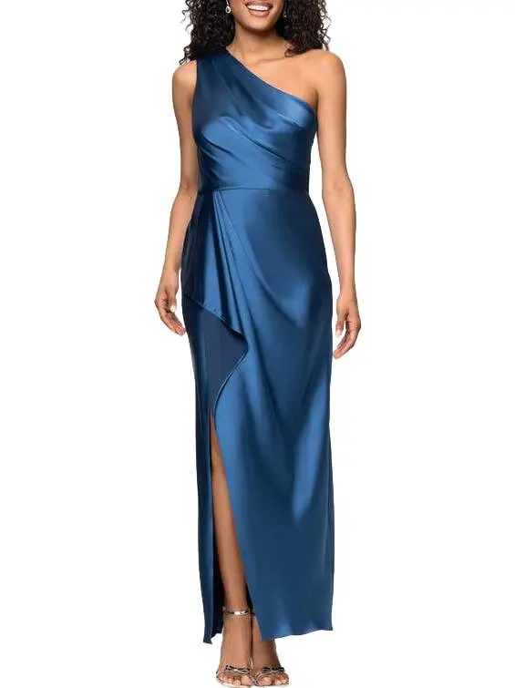 XSCAPE EVENINGS One-shoulder Satin Evening Gown - Ocean