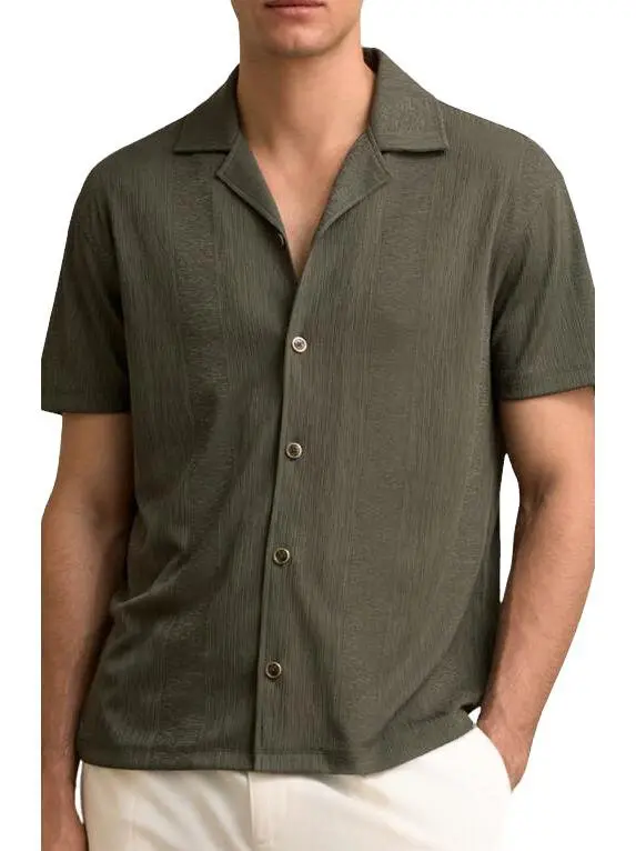 REISS Ando Texture Stripe Camp Shirt - Dark Green