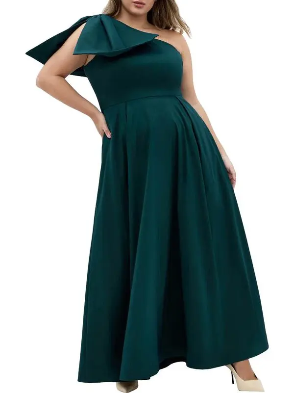 City Chic Captivate Bow One-shoulder A-line Gown - Deep Teal