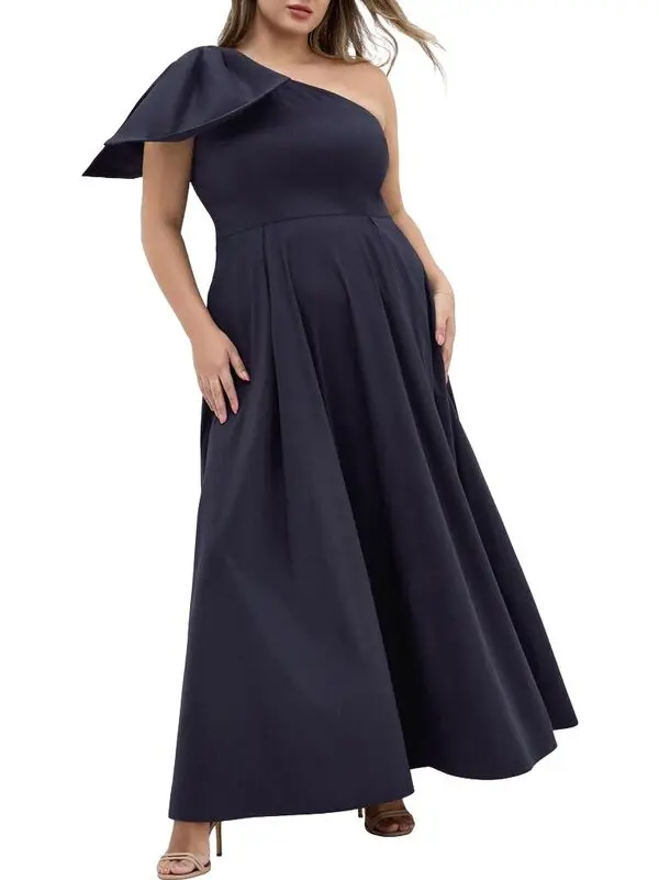 City Chic Captivate Bow One-shoulder A-line Gown - Navy