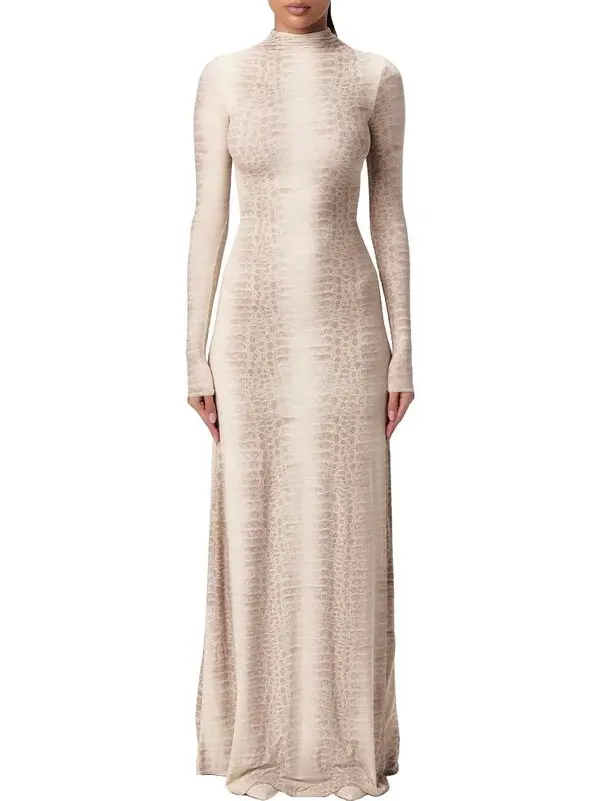 Naked Wardrobe Crocodile Print Funnel Neck Maxi Dress - Bone Croc