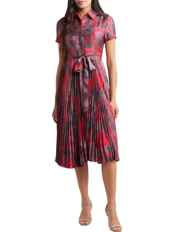 TAHARI ASL Printed Tie Waist Pleated Shirtdress - Sangria Black