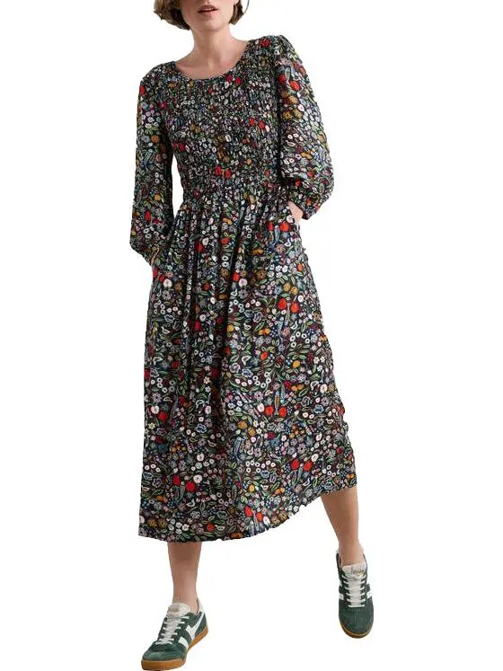 SEASALT CORNWALL Meadowsweet Floral Smocked Long Sleeve Midi Dress - Still Life Maritime