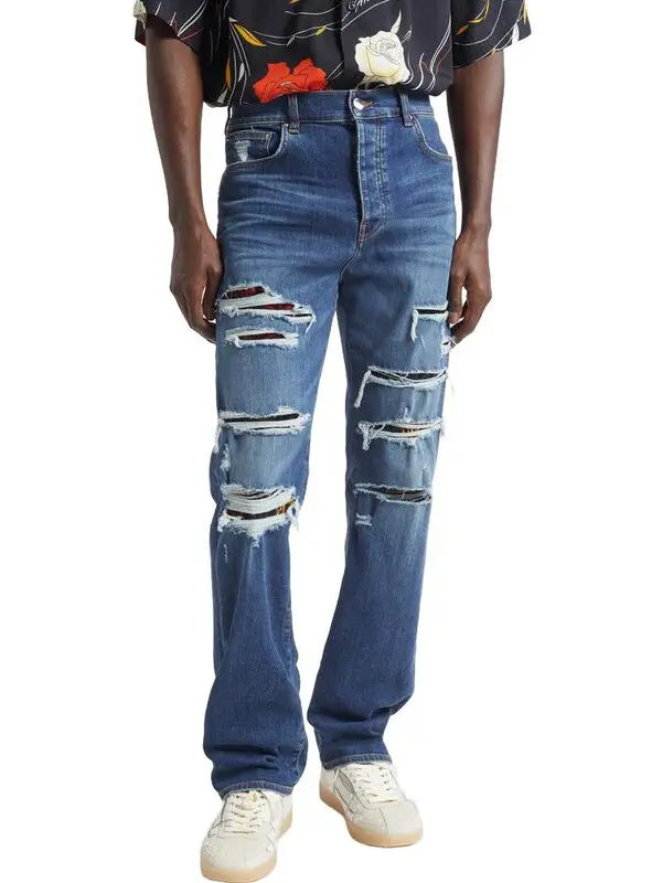 Amiri Thrasher Slim Fit Distressed Floral Velvet Patch Jeans - Dark Indigo