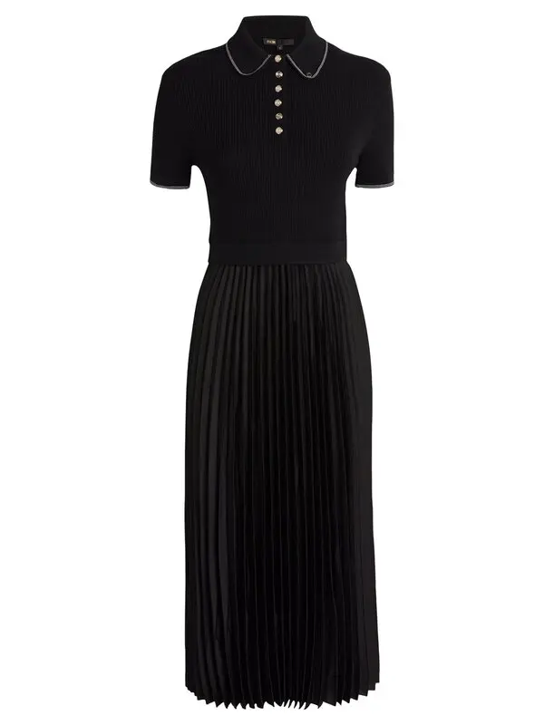Maje Pleated-skirt Polo Midi Dress - Black