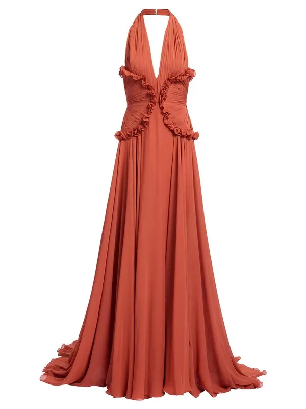 Elie Saab Silk Georgette Halter Gown - Orange