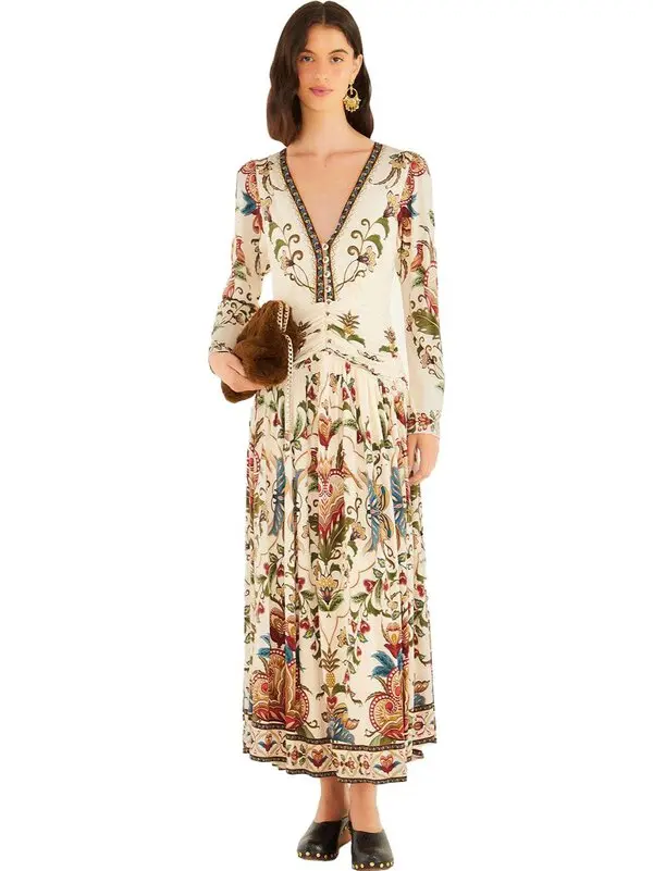 Farm Rio Majestic Hearts Long Sleeve Midi Dress - Majestic Hearts Cream