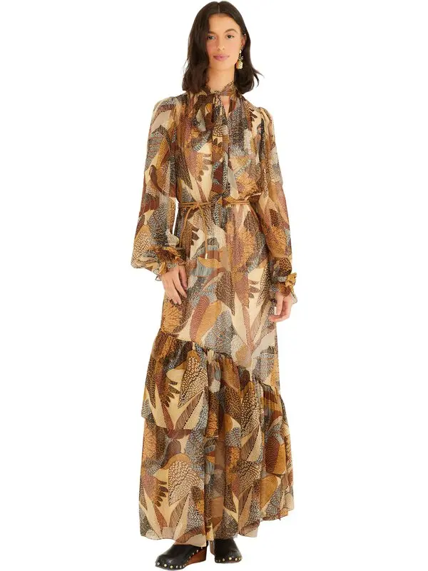 Farm Rio Printed Long Sleeve Maxi Dress - Dotted Macaws Cream