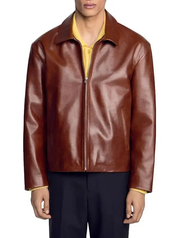 Sandro Leather Zip-up Jacket - Camel