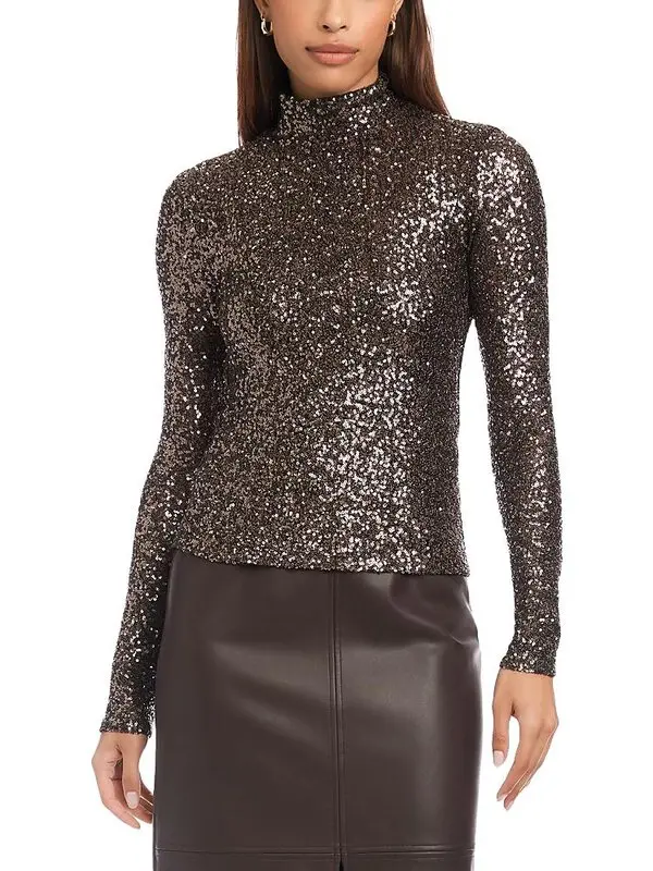 Fifteen Twenty Sequin Mock Neck Top - Brown