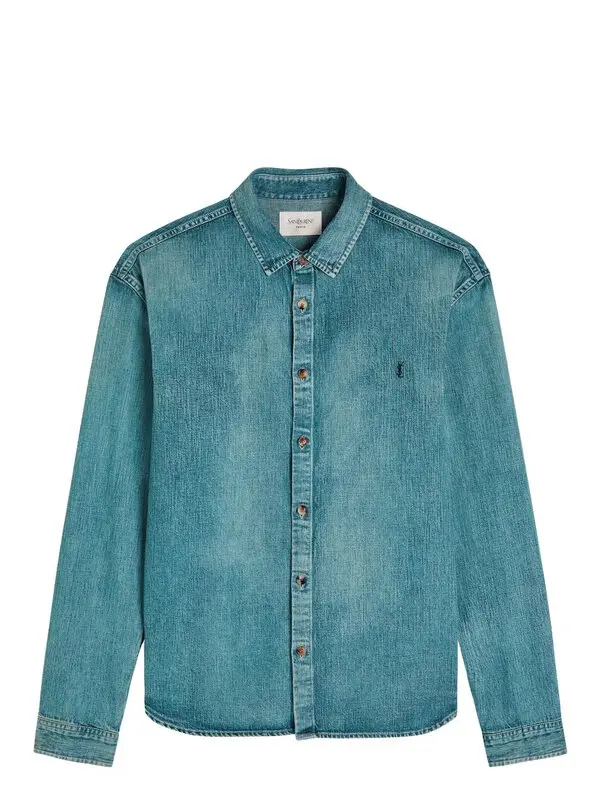 Saint Laurent Logo-embroidered Faded Denim Shirt - Blue