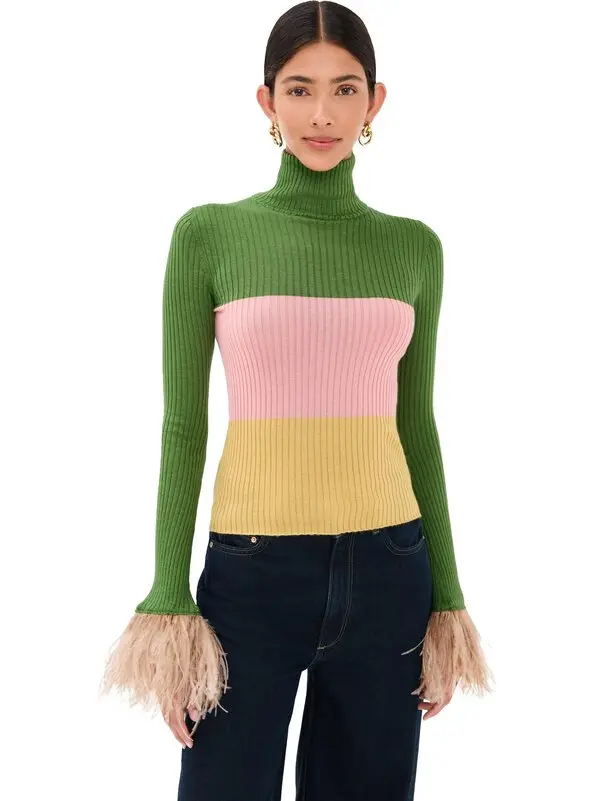 La DoubleJ High Kick Cashmere And Feather Top - Military Green/pink/mustard