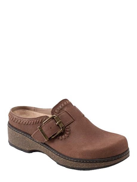 Earth Suede Clogs With Whipstitched Trim - Medium Brown