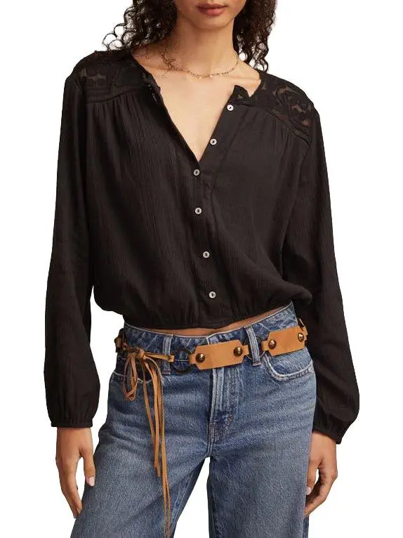 Lucky Brand Lace Inset Bubble Hem Cotton Button-up Shirt - Caviar