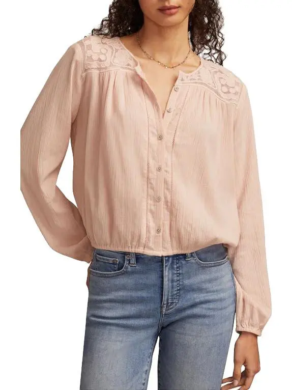 Lucky Brand Lace Inset Bubble Hem Cotton Button-up Shirt - Sepia Rose