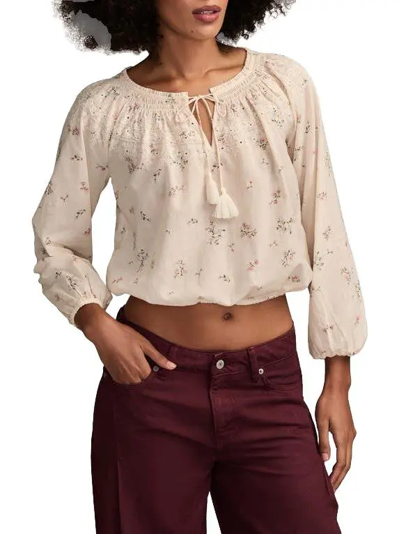 Lucky Brand Embroidered Peasant Top - Cream Multi