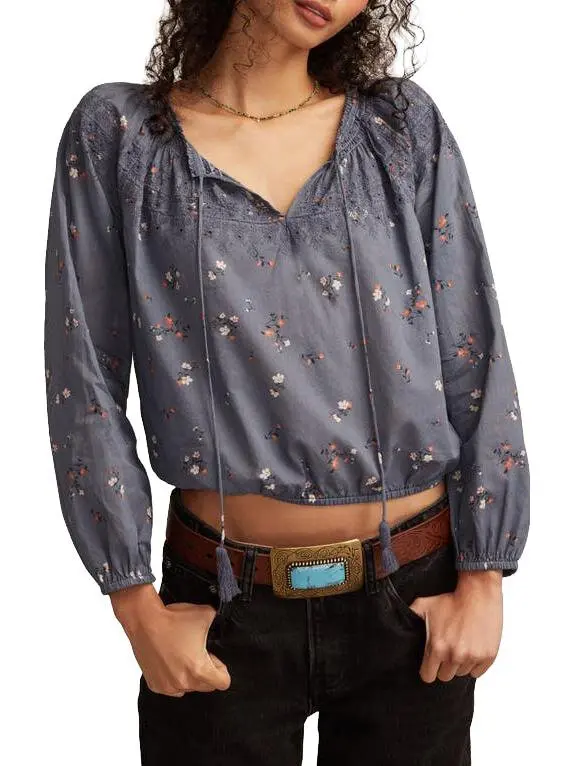 Lucky Brand Embroidered Peasant Top - Navy Multi