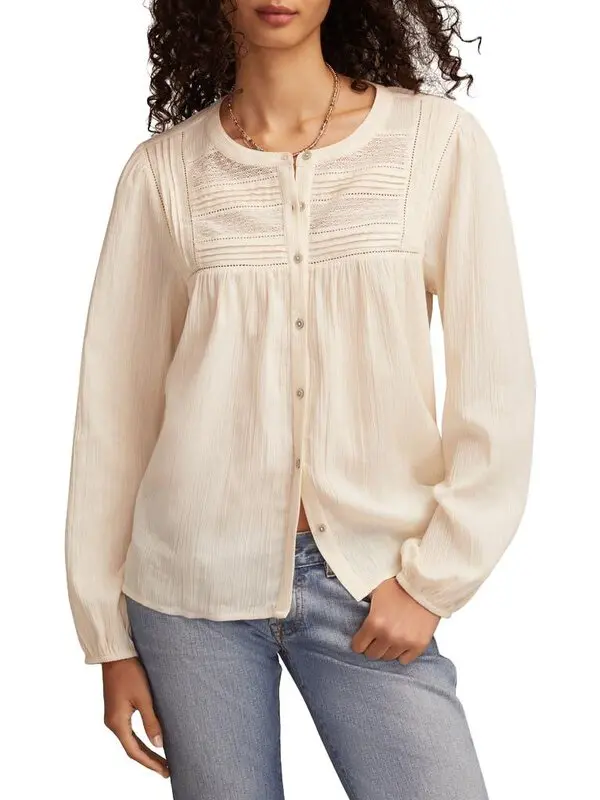 Lucky Brand Lace Inset Cotton Button-up Peasant Top - Whisper White