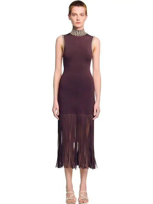 Sandro Fringed Knit Midi Dress With Bead Detailing - Brown